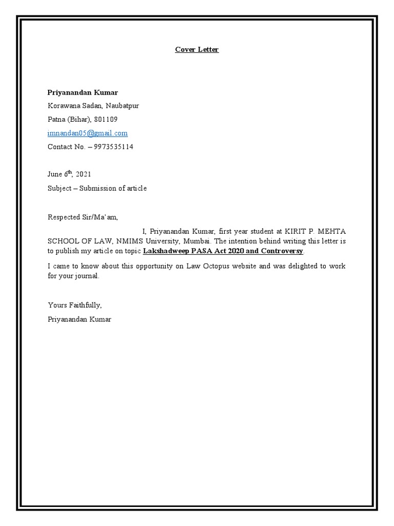 Cover Letter Lakshdweep PASA | PDF