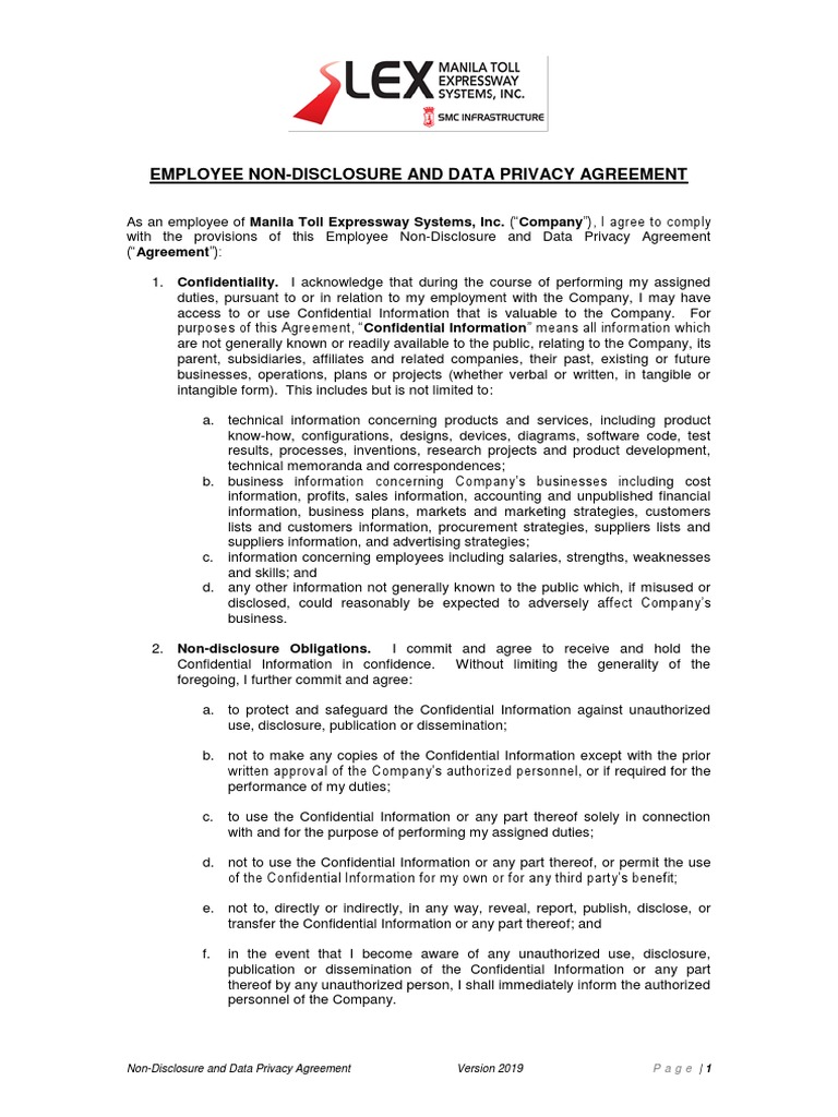 100 Data Privacy and Non-Disclosure Agreement | PDF | Non Disclosure ...
