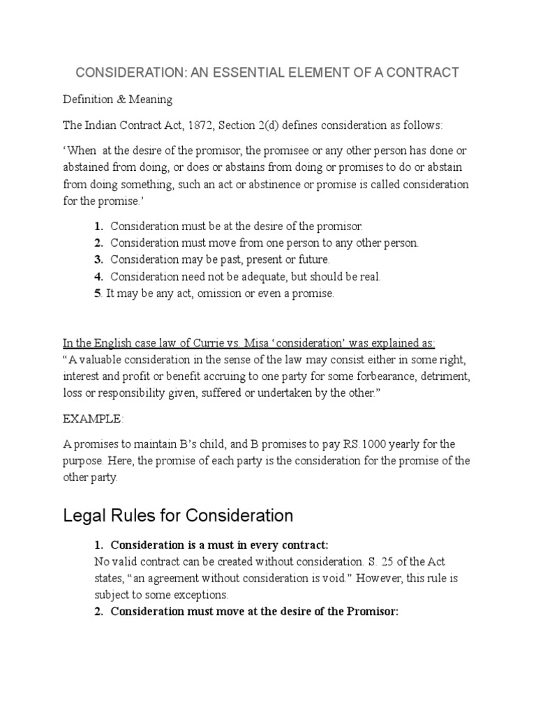 Consideration - An Essential Element of A Contract | Download Free PDF ...