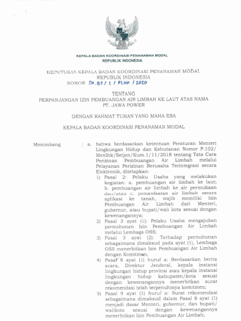 SK.92.1.KLHK.2020 PT. Jawa Power New | PDF