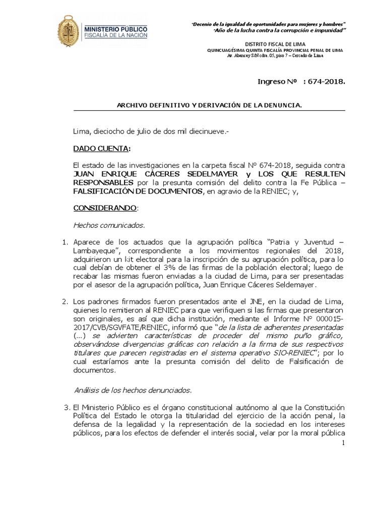 674-2018 ARCHIVO Uso Documento Falso DERIVACION Por Falsificacion de ...