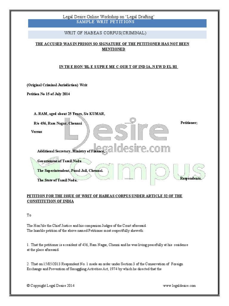 Writ Petition Drafting | PDF | Habeas Corpus | Justice