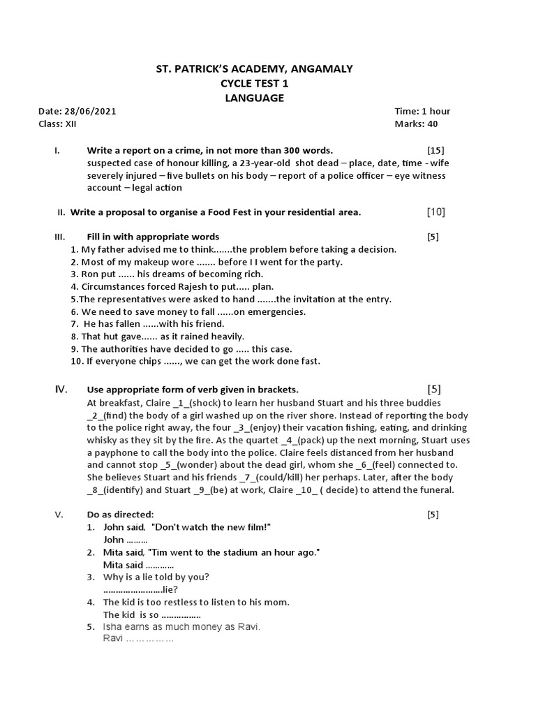 St. Patrick'S Academy, Angamaly Cycle Test 1 Language: Write A Report ...