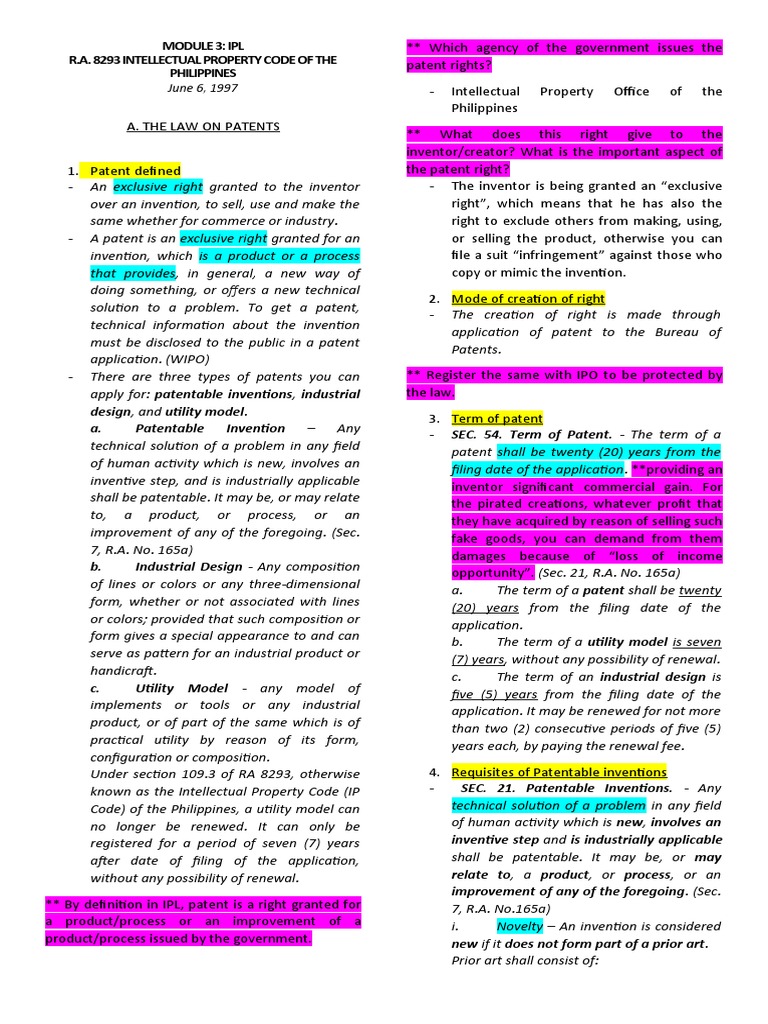 Module 3: Ipl R.A. 8293 Intellectual Property Code of The Philippines ...