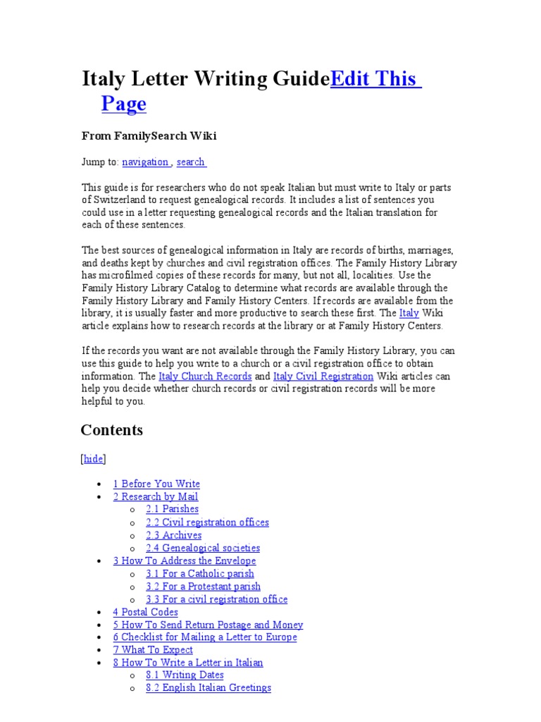 Italy Letter Writing GuideEdit This Page | PDF | Genealogy | Mail