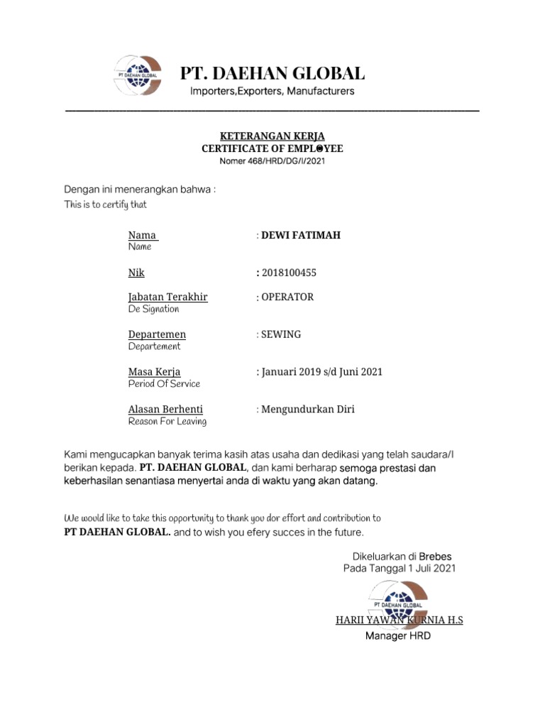 Paklaring Pt. Daehan Glob | PDF