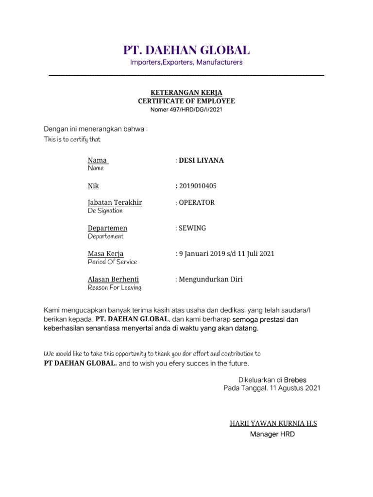 Paklaring 1 Pt. Daehan Global | PDF