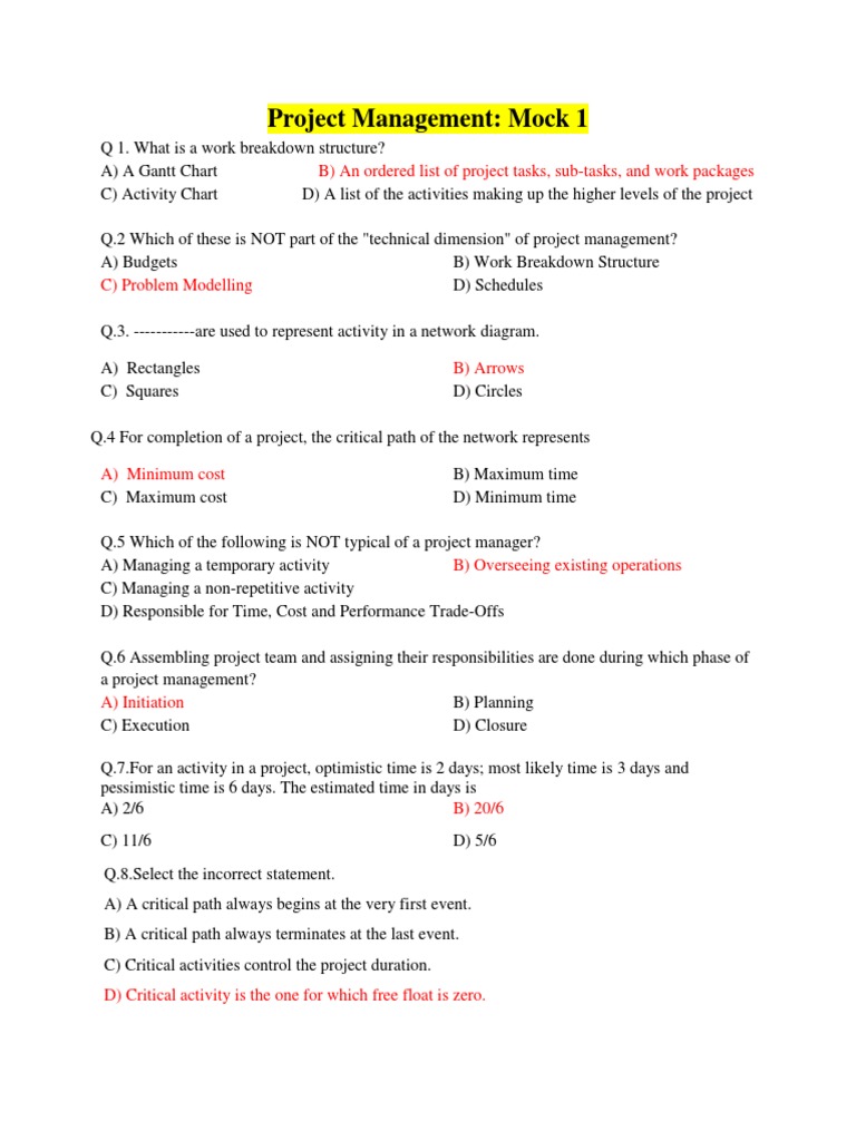 Project Management: Mock 1: B) An Ordered List of Project Tasks, Sub ...