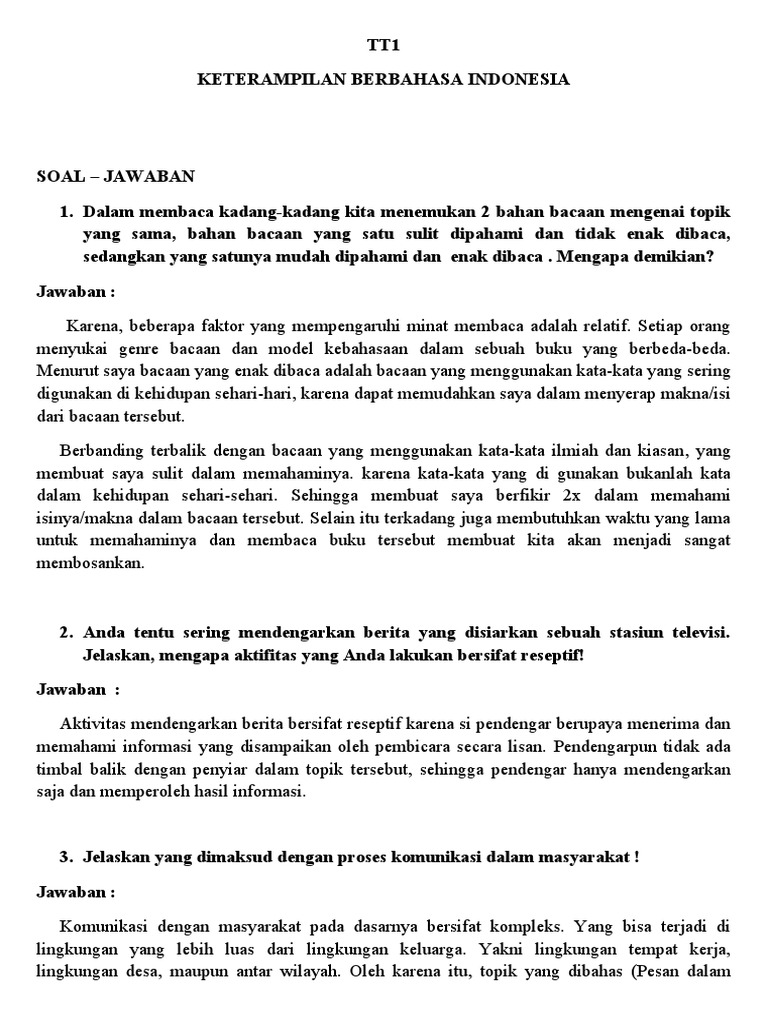 TT1 Ketrampilan Berbahasa Indonesia SD | PDF