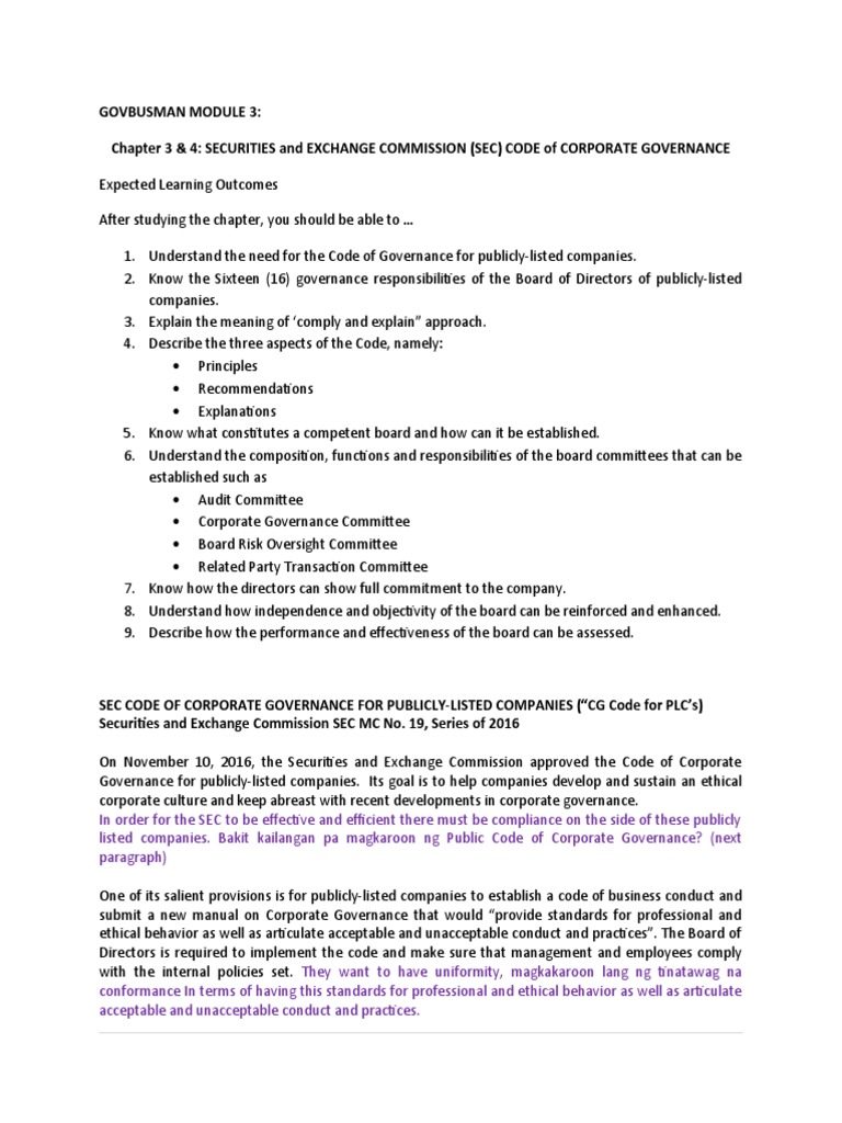 SEC CODE OF CORPORATE GOVERNANCE | PDF | Corporate Governance | Governance