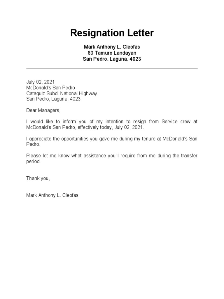 Resignation Letter | PDF