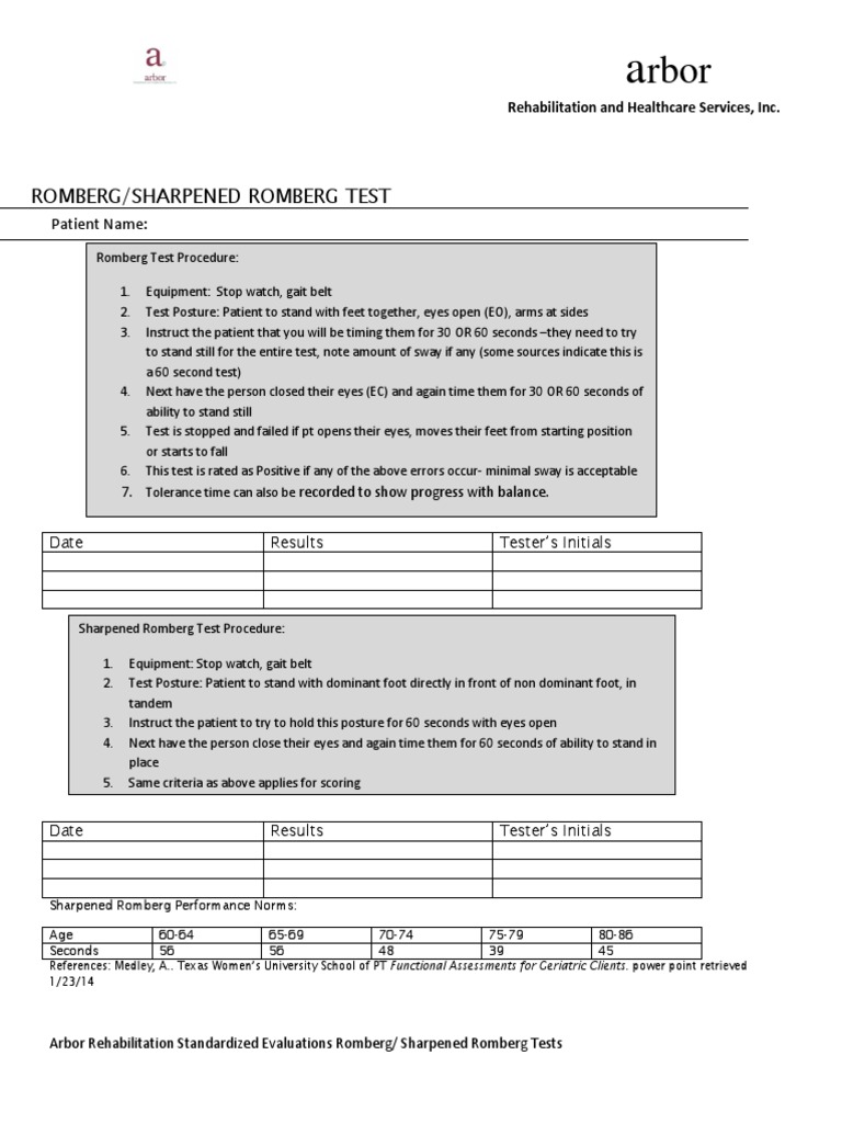Romberg/Sharpened Romberg Test: Patient Name | PDF