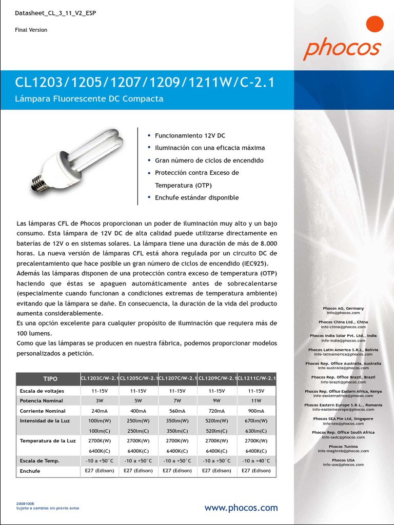 Datasheet CFL 11W 12Vdc ESP | PDF | Lámpara compacta fluorescente ...