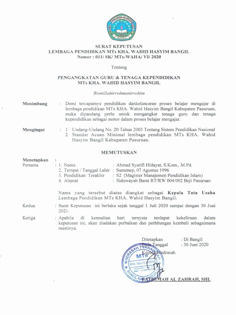 Contoh Surat Keputusan (SK) Lembaga Pendidikan | PDF