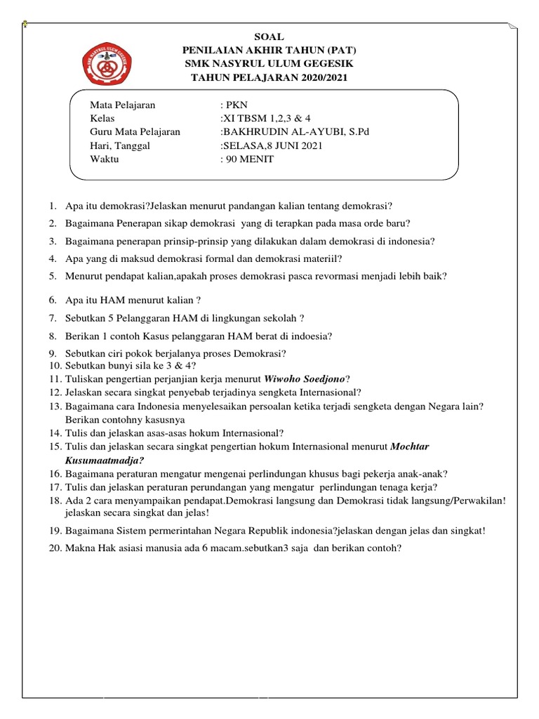 Soal PAT PKN XI: Demokrasi & HAM | PDF | Ilmu Sosial | Kesehatan Holistik