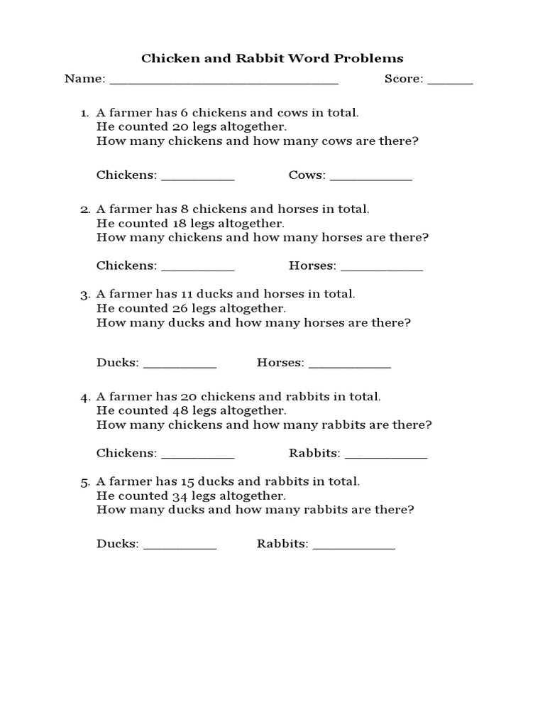 Chicken and Rabbit Word Problems | PDF