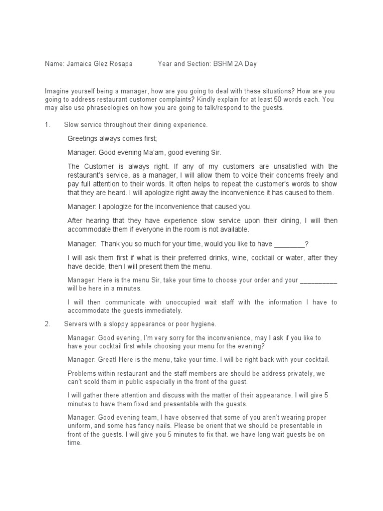 Managing Restaurant Customer Complaints | PDF | Restaurants | Menu