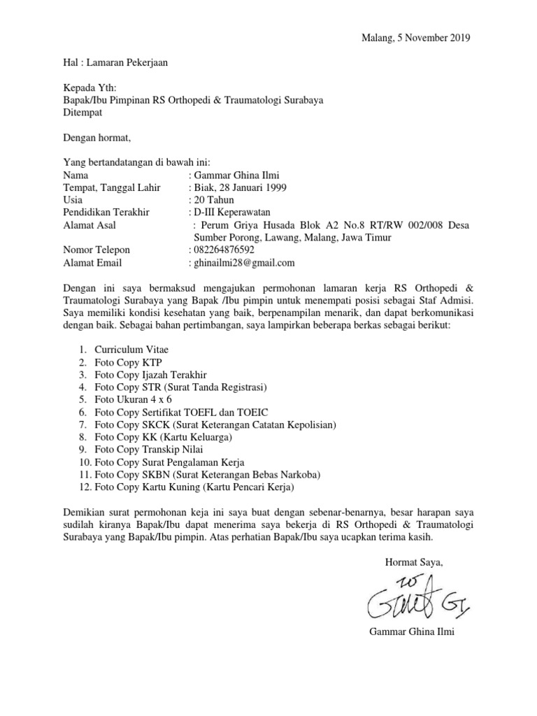 LAMARAN PEKERJAAN GAMMAR GHINA Rs Ortho-Min-Compressed | PDF