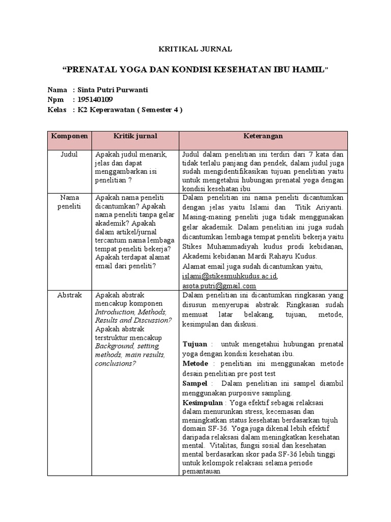 Kritikal Jurnal Prenatal Yoga Ibuhamil | PDF