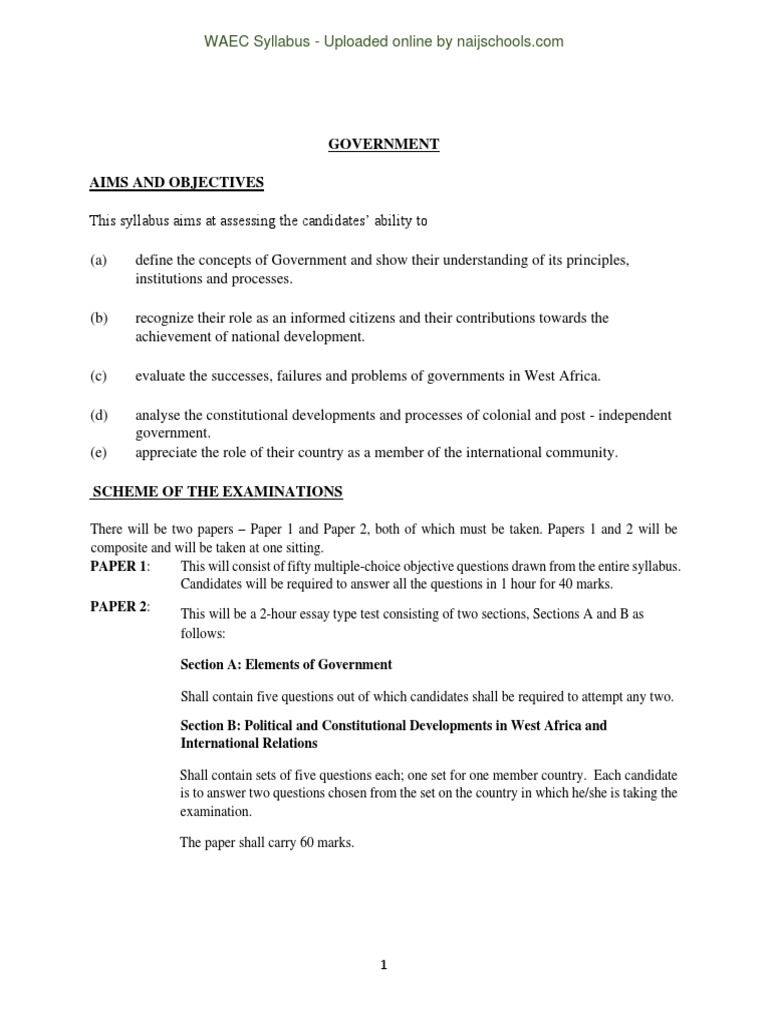 WAEC Syllabus For Government | PDF | Test (Assessment) | State (Polity)