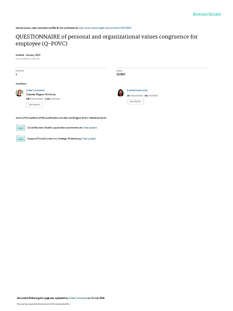 QUESTIONNAIRE of Personal and Organizational Values Congruence For ...