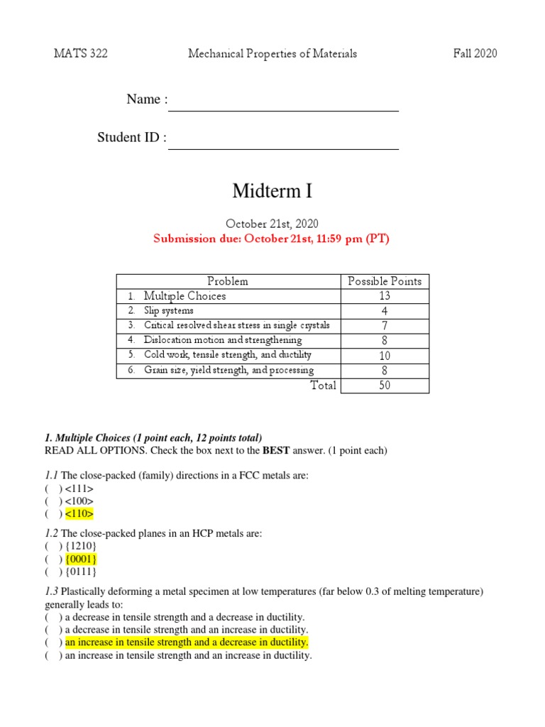 MATS322 Fall2020 Midterm1 Answers | PDF | Dislocation | Strength Of Materials