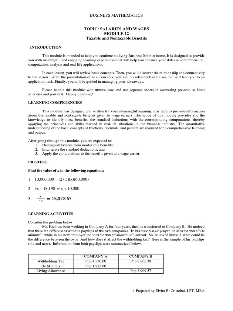 Business Mathematics: Topic: Salaries and Wages Taxable and Nontaxable ...