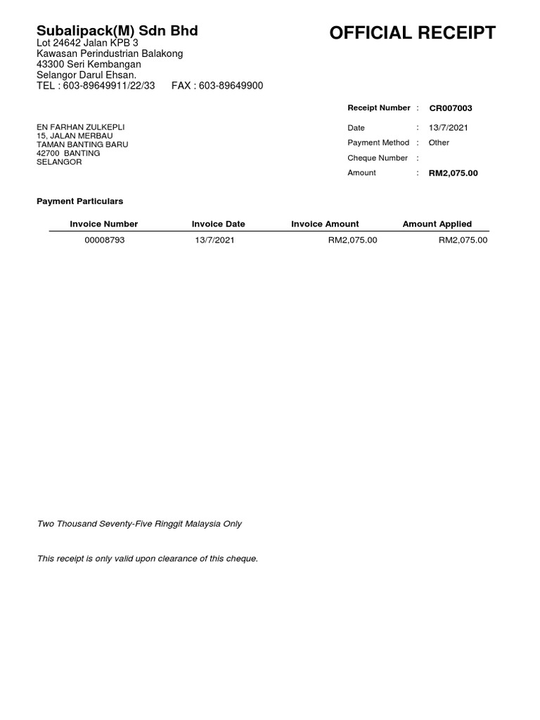 Official Receipt: Subalipack (M) SDN BHD | PDF