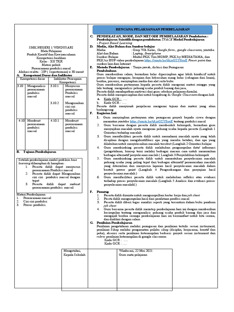 Contoh RPP KD 12 Perencanaan Produksi Masal Teknik | PDF