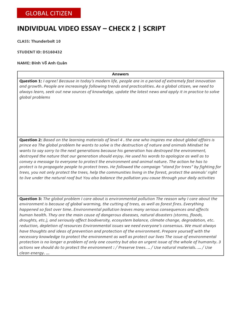Individual Video Essay - Check 2 - Script: Global Citizen | PDF ...