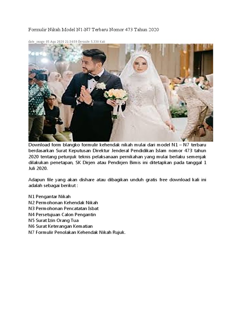 Formulir Nikah Model N1-N7 Terbaru Nomor 473 Tahun 2020 | PDF