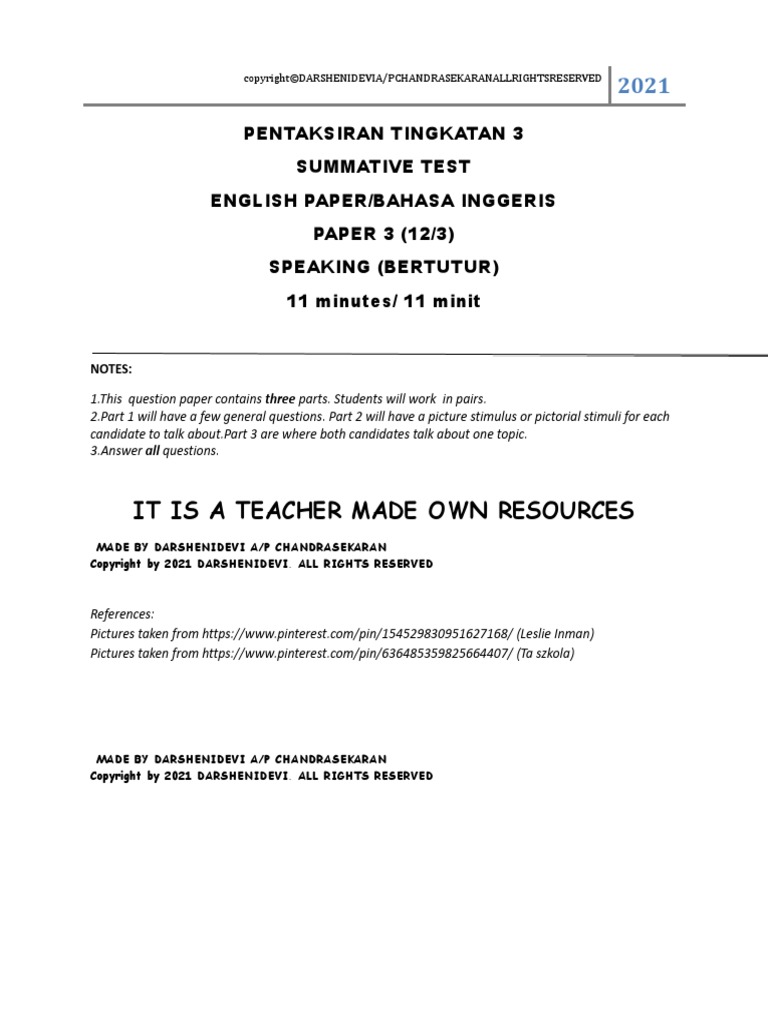 Pt3 Speaking Paper Summative Test Set 2 | PDF