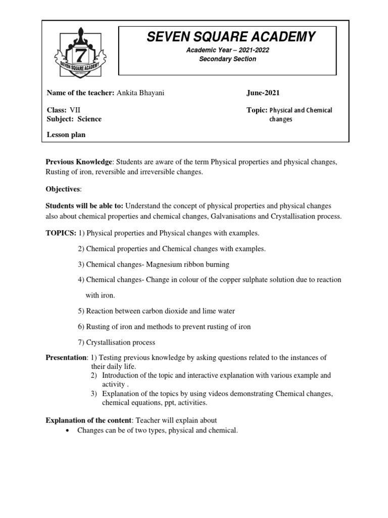 7th Physical and Chemical Changes Lesson Plan | PDF | Chemical ...