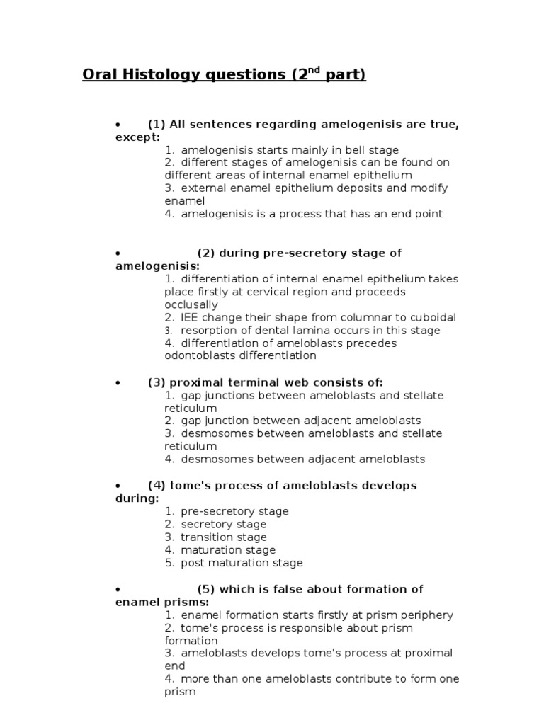 Oral Histology Questions Part 2 | PDF | Tooth Enamel | Epithelium