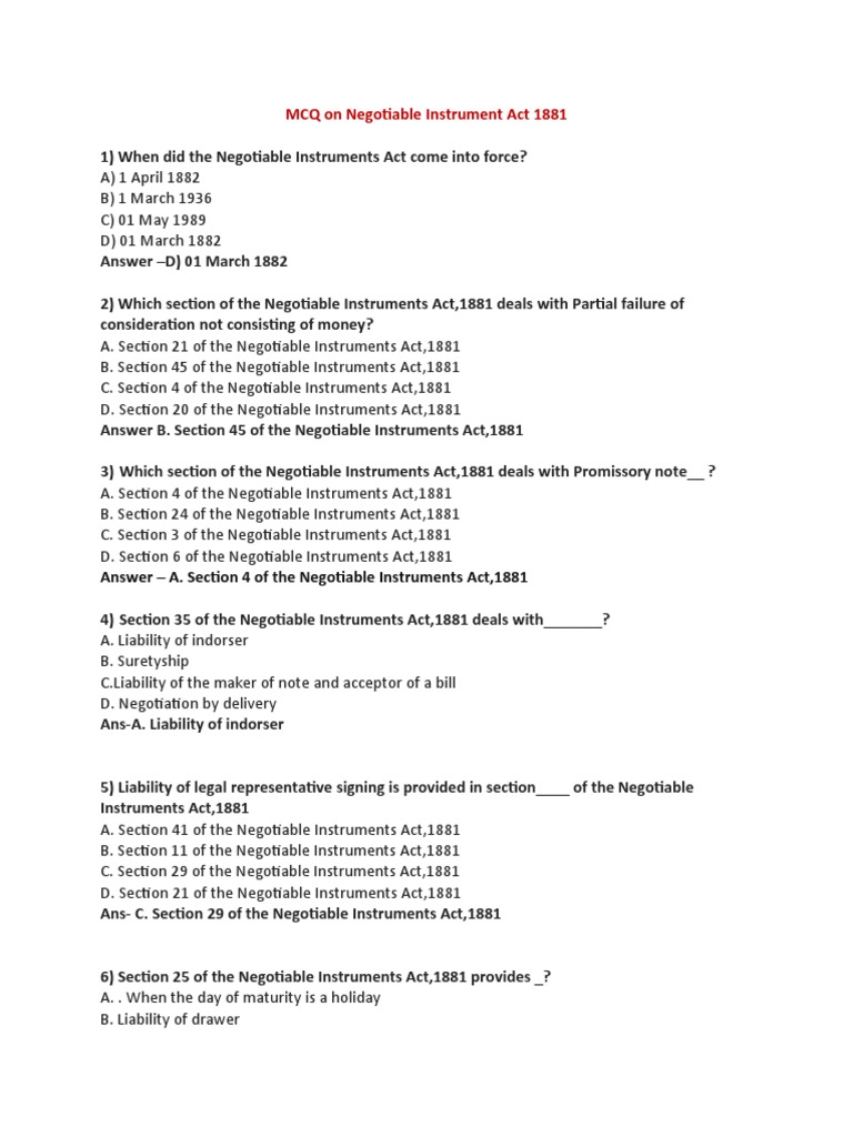Sample I MCQs On Negotiable Instruments Act | PDF | Negotiable ...
