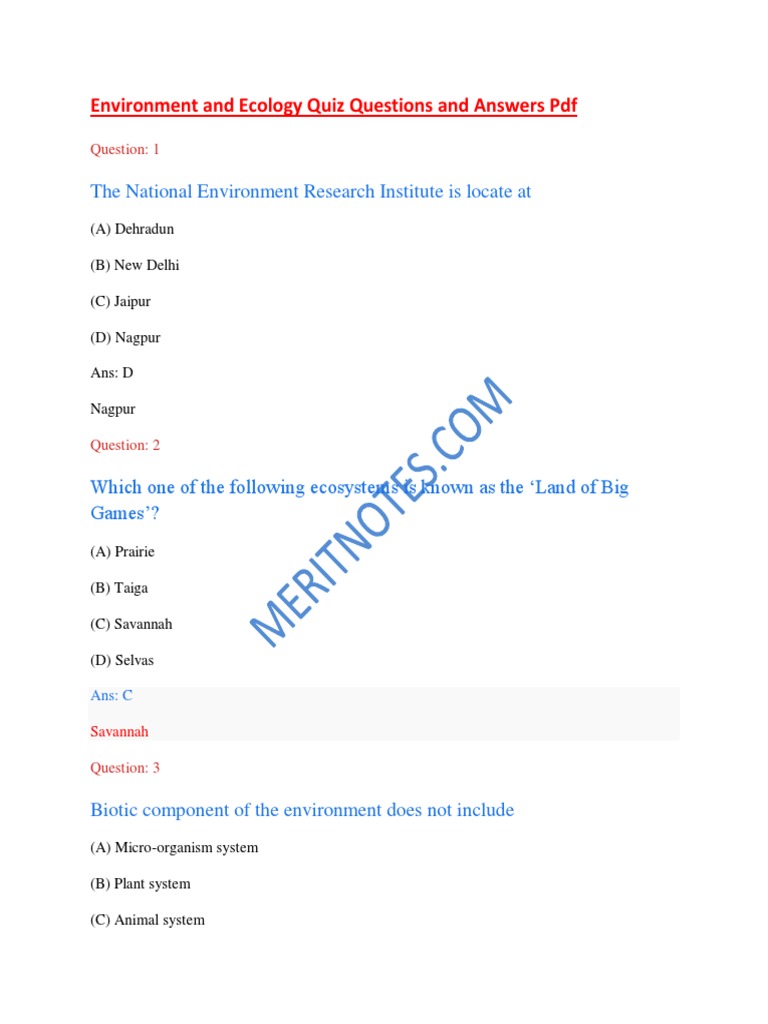 Environment and Ecology Quiz Questions and Answers PDF: The National ...
