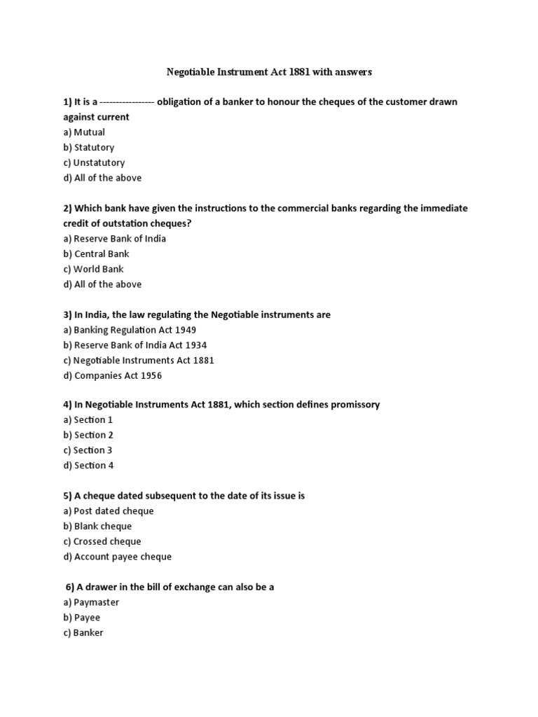 Sample MCQ II On Negotiable Instruments Act | PDF | Negotiable ...