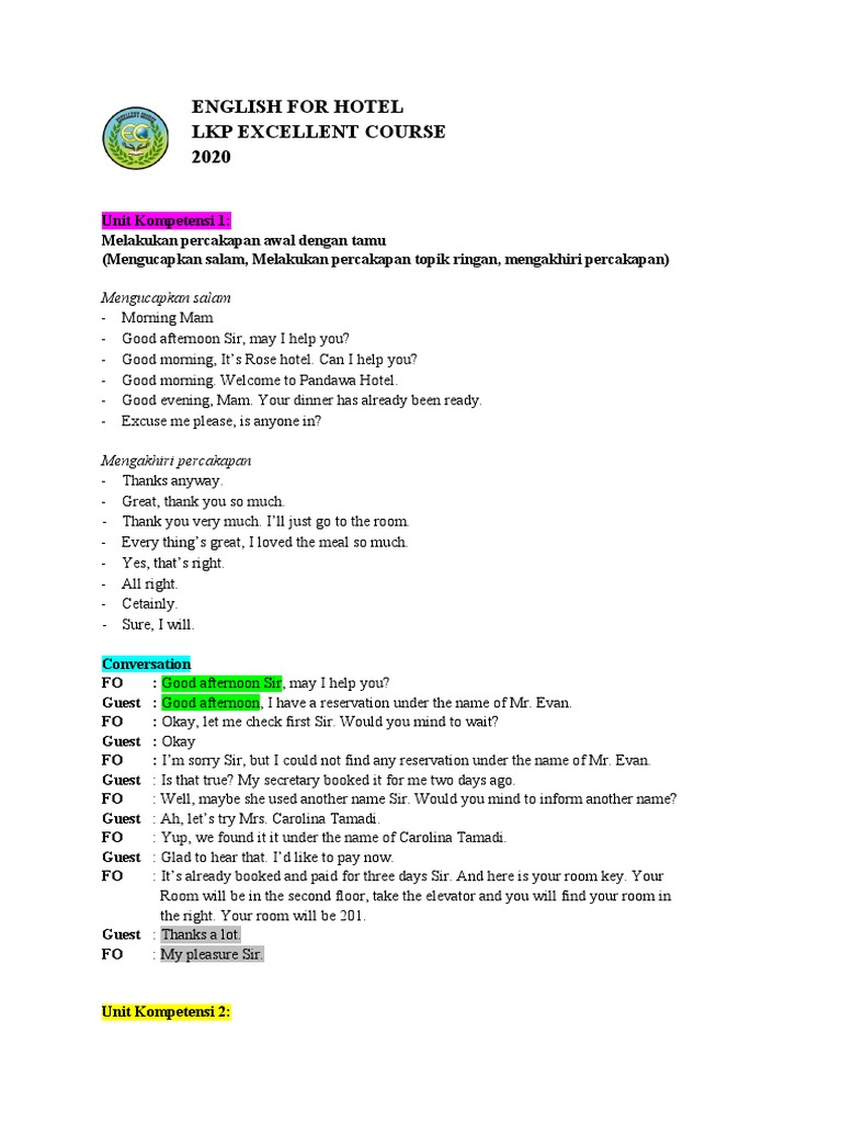 English for Hotel Communication Skills | PDF | Hotel And Accommodation ...