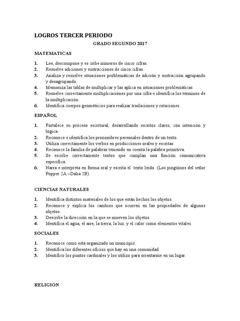 Logros Tercero-Cuarto Periodo 2017 | PDF | Multiplicación | Sustracción