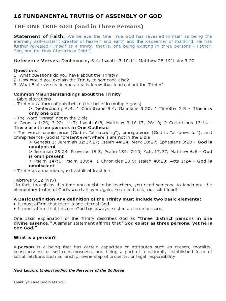 16 Fundamental Truths of Assembly of God - Trinity | PDF | God | Trinity