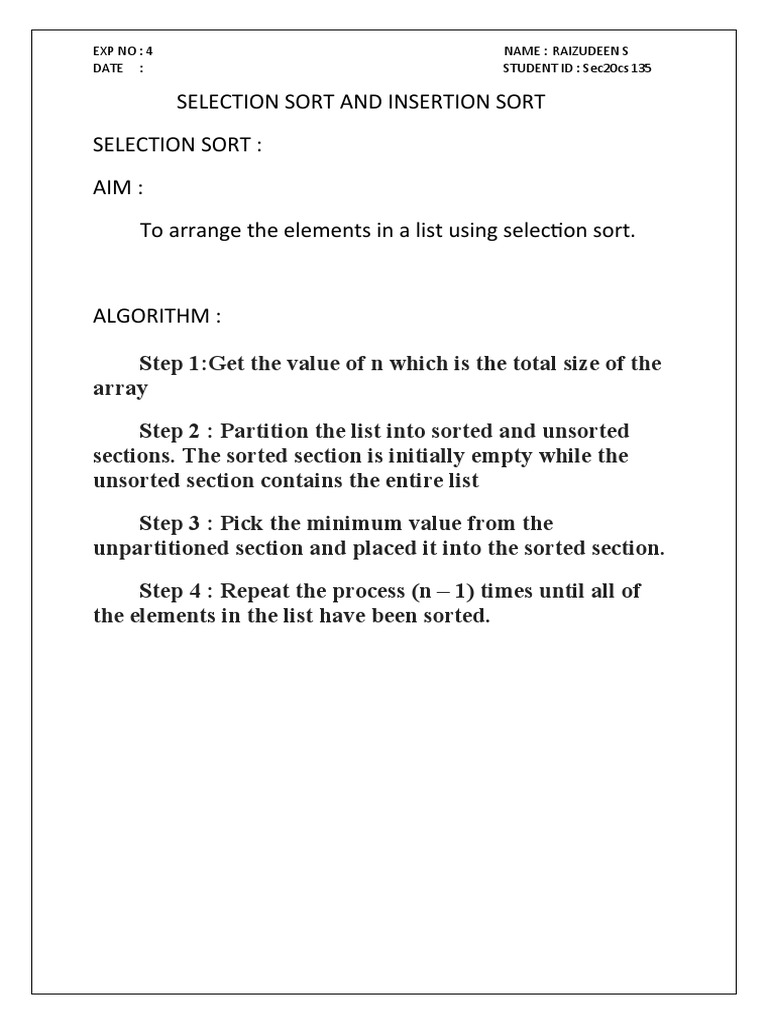Selection Sort and Insertion Sort | PDF | Computing | Algorithms And Data Structures