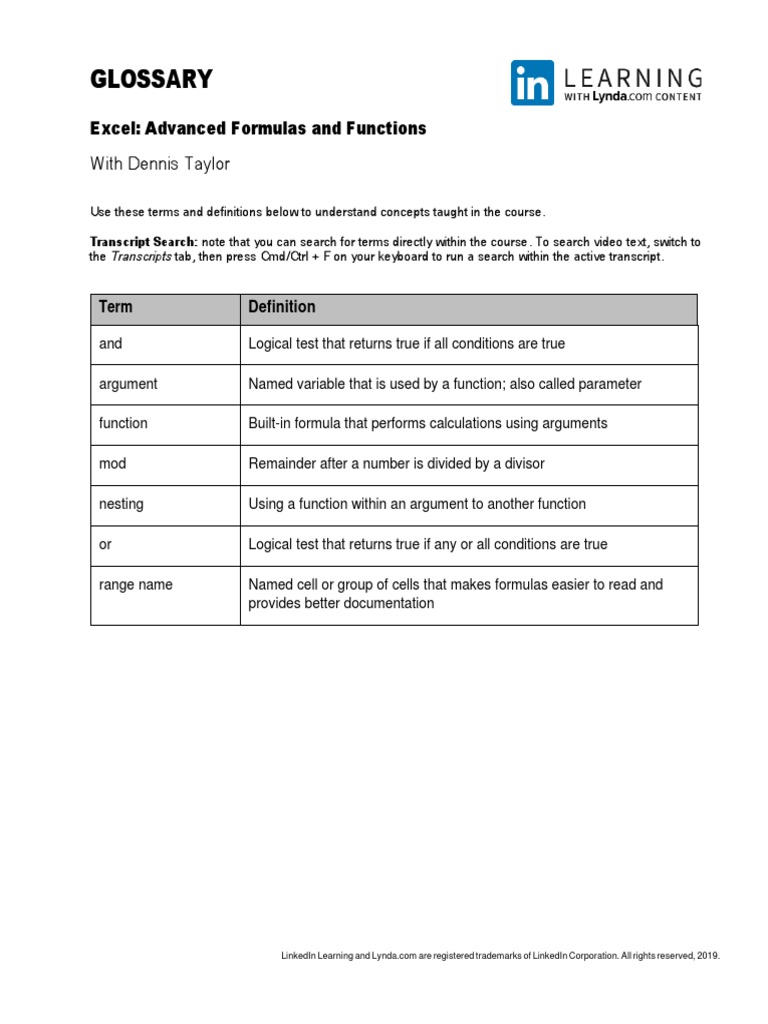 Glossary Excel Advanced Formulas Functions | PDF