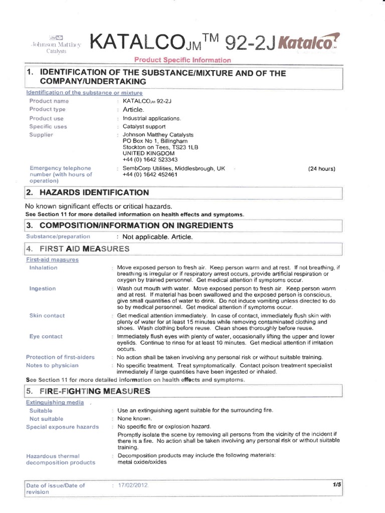 MSDS Katalco 92-2J | PDF | Waste | Safety