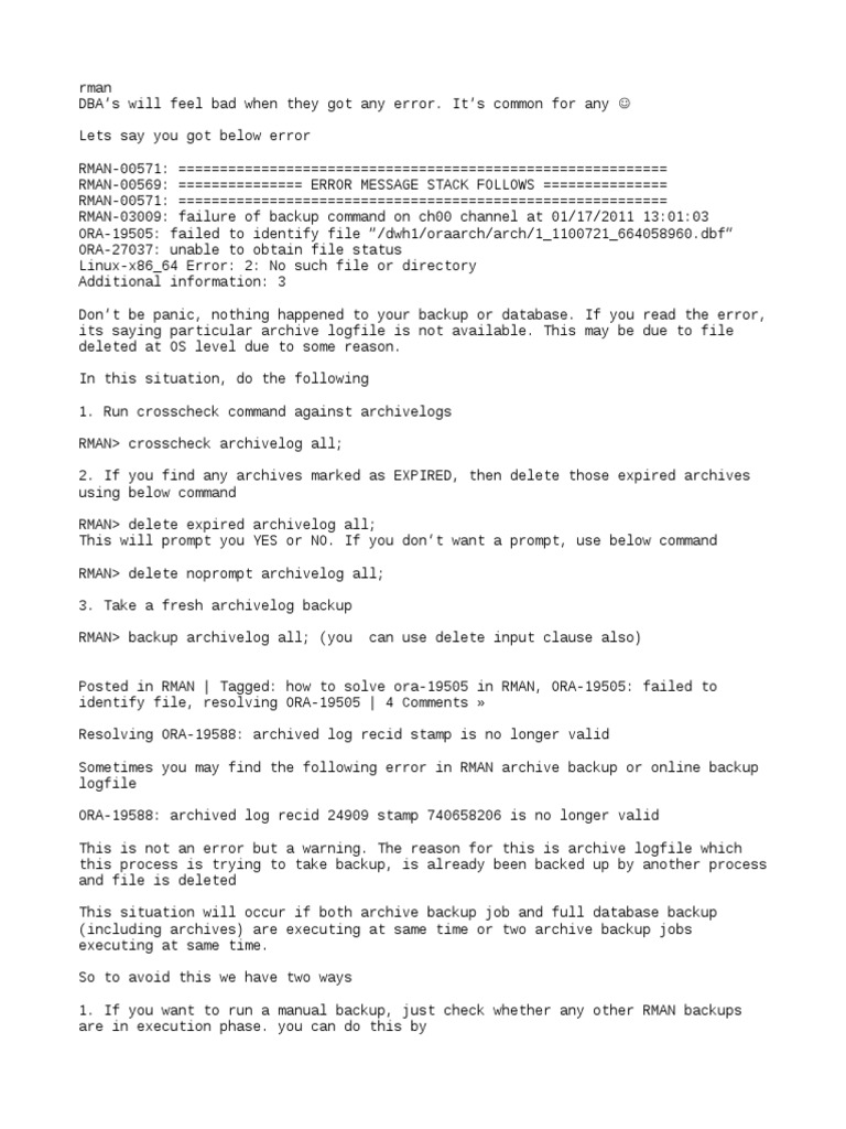RESOLVING RMAN ERRORS | PDF | Backup | Computer File