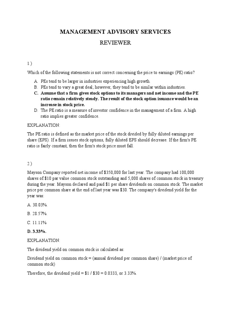 Management Advisory Services: Reviewer | PDF | Dividend | Leverage ...