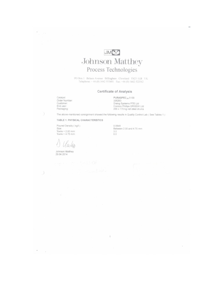 COA Katalco 2B 2F 2J Puraspec 5158 | PDF