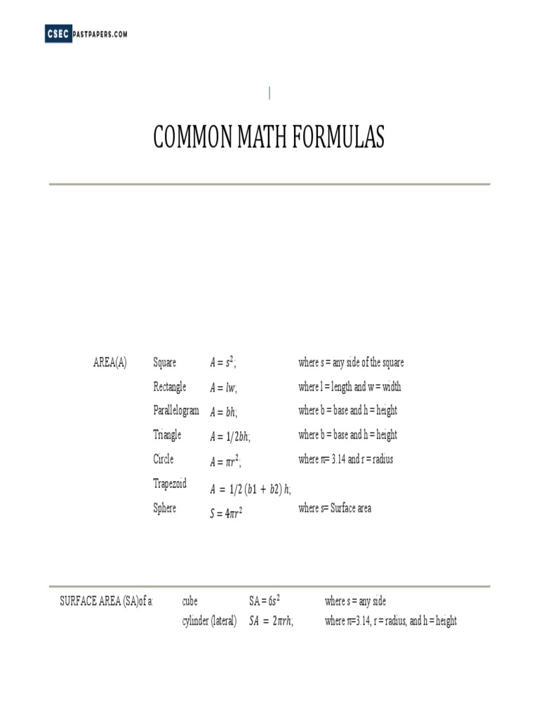 Common Formulas Csec Math | PDF