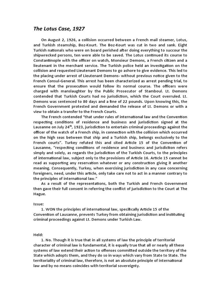 Lotus Case Digest | PDF | Jurisdiction | European Convention On Human ...