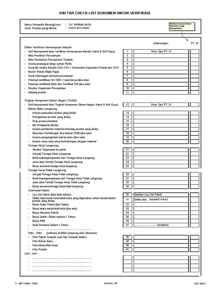 Form Check List Dokumen TKDN 2021 | PDF