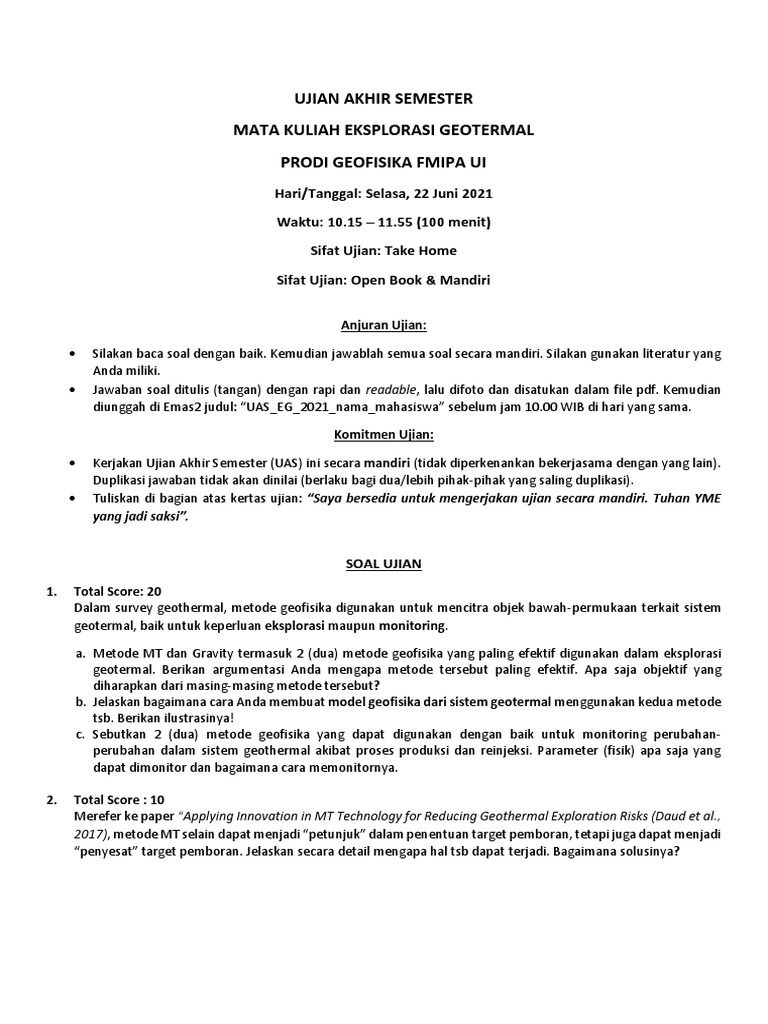 UAS Eksp Geoth 2021 Genap | PDF